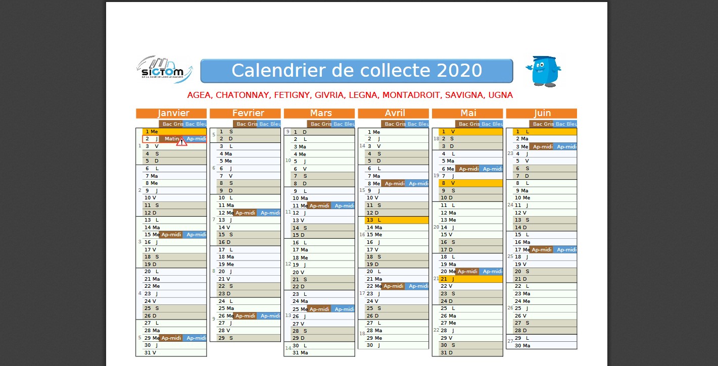 Calendrier 2020 de collecte des ordures ménagères - Commune de Valzin ...